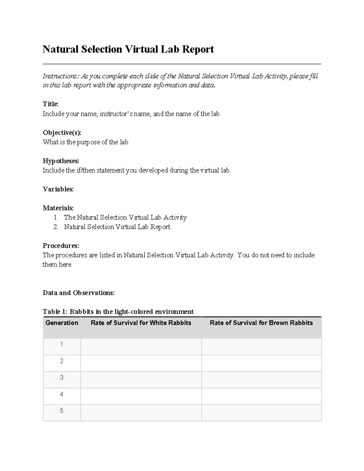 05 02 natural selection lab report - Natural Selection Virtual Lab ...