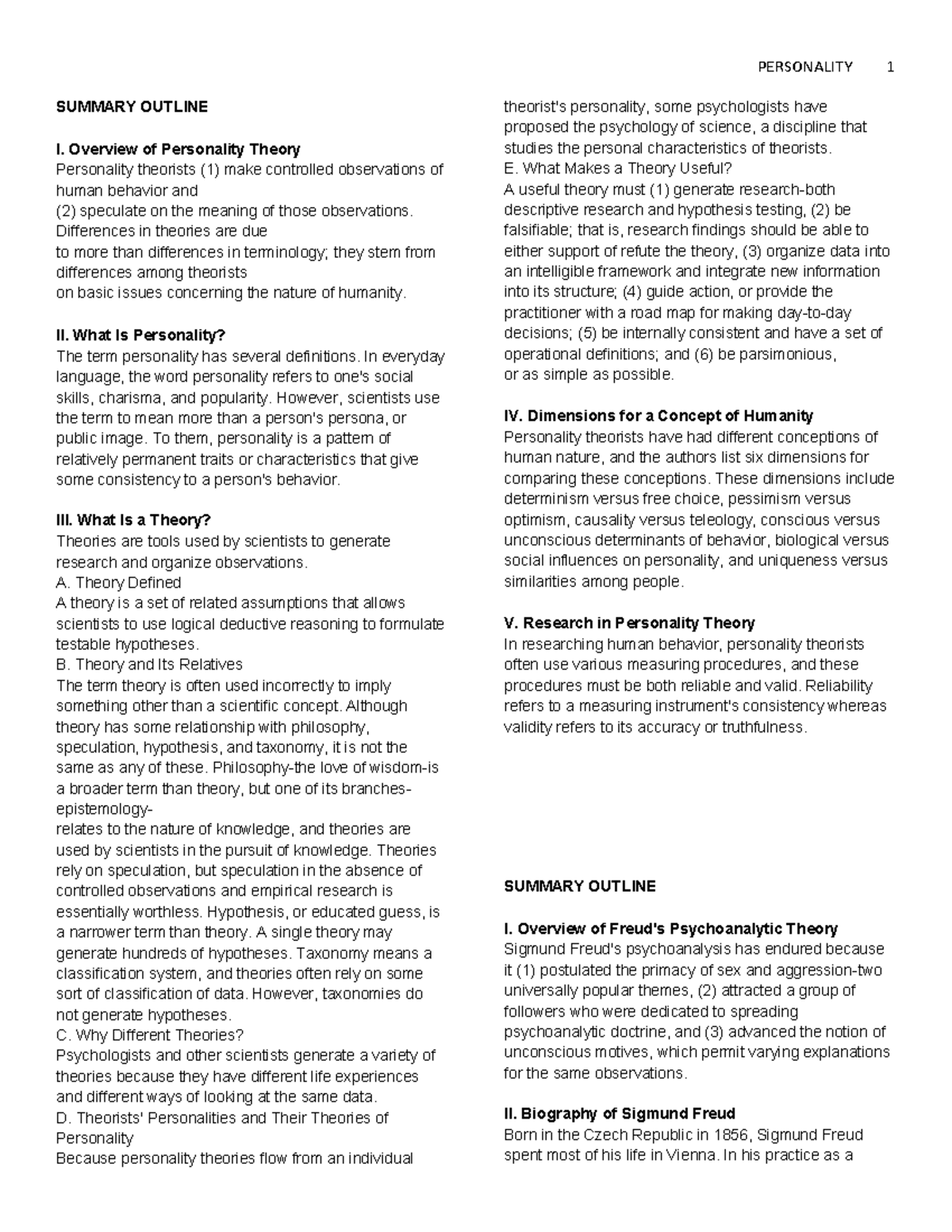 TOP- Summary Outline - PERSONALITY SUMMARY OUTLINE I. Overview of ...