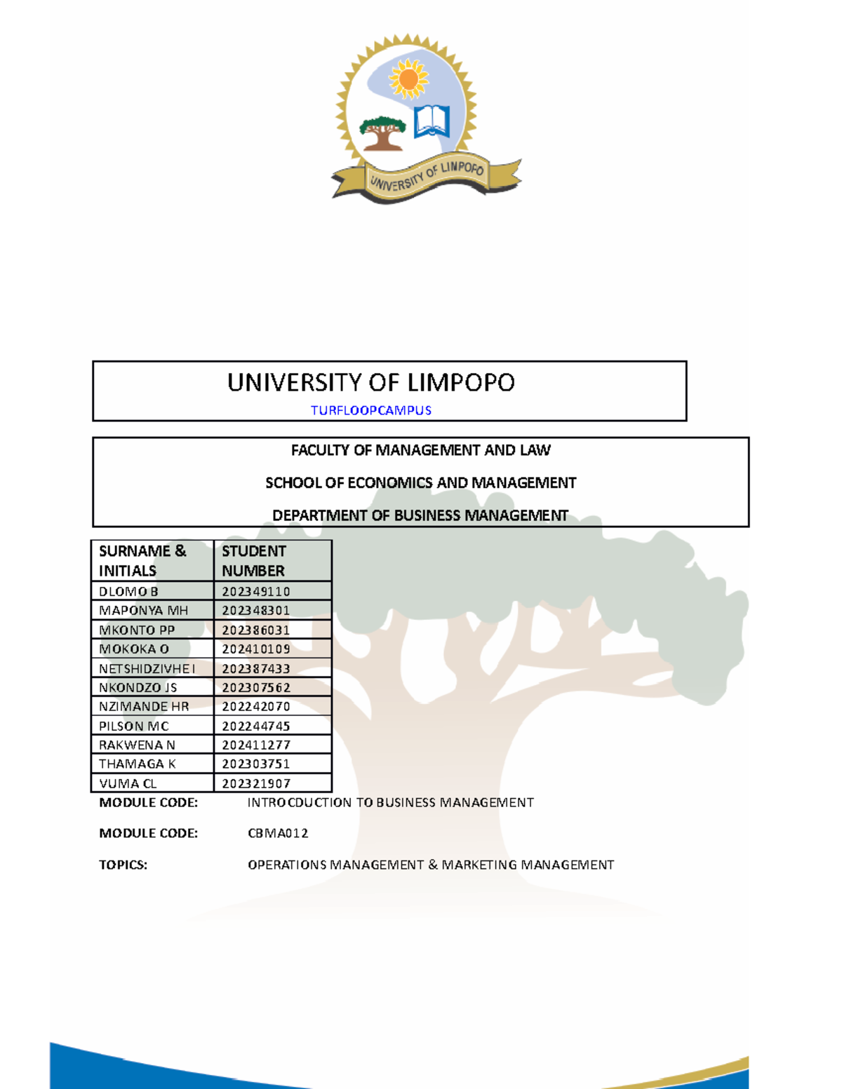 CBMA 012 Assignment - past paper to practice - UNIVERSITY OF LIMPOPO ...
