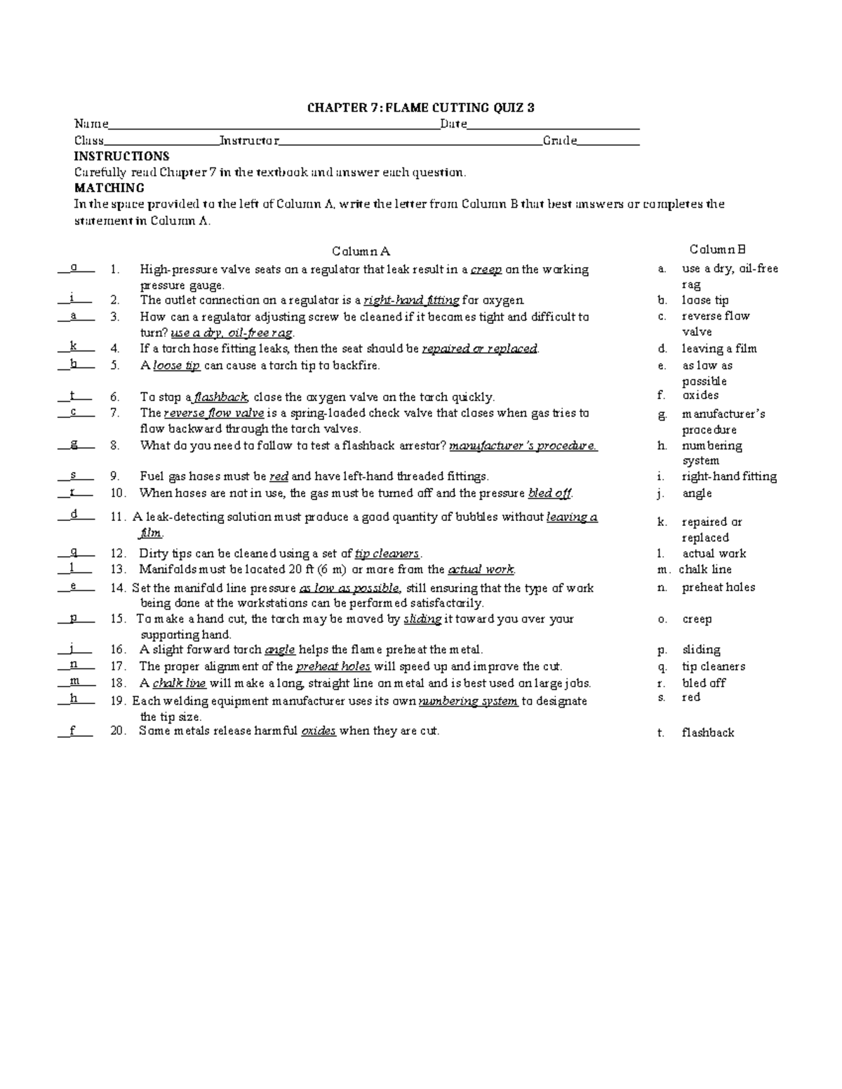 Week 3 Homework - Welding - CHAPTER 7: FLAME CUTTING QUIZ 3 Name Date ...