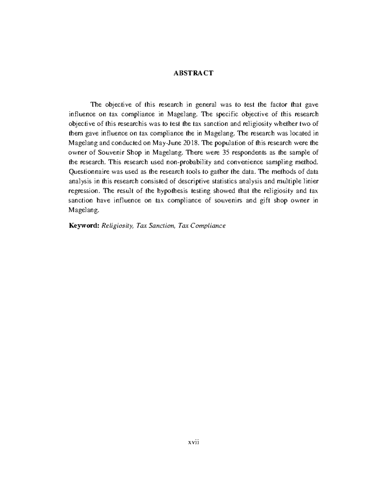 THE Influence OF TAX Sanction AND Religiosity 1 - xvii ABSTRACT The ...