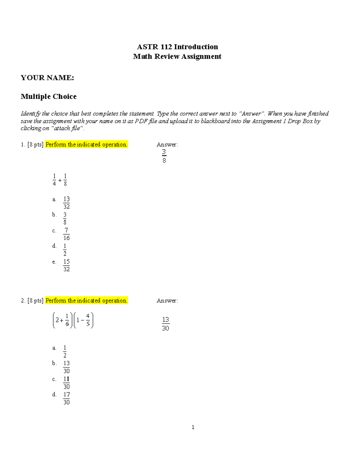 ASTR 112 MATH Assignment - ASTR 112 Introduction Math Review Assignment ...