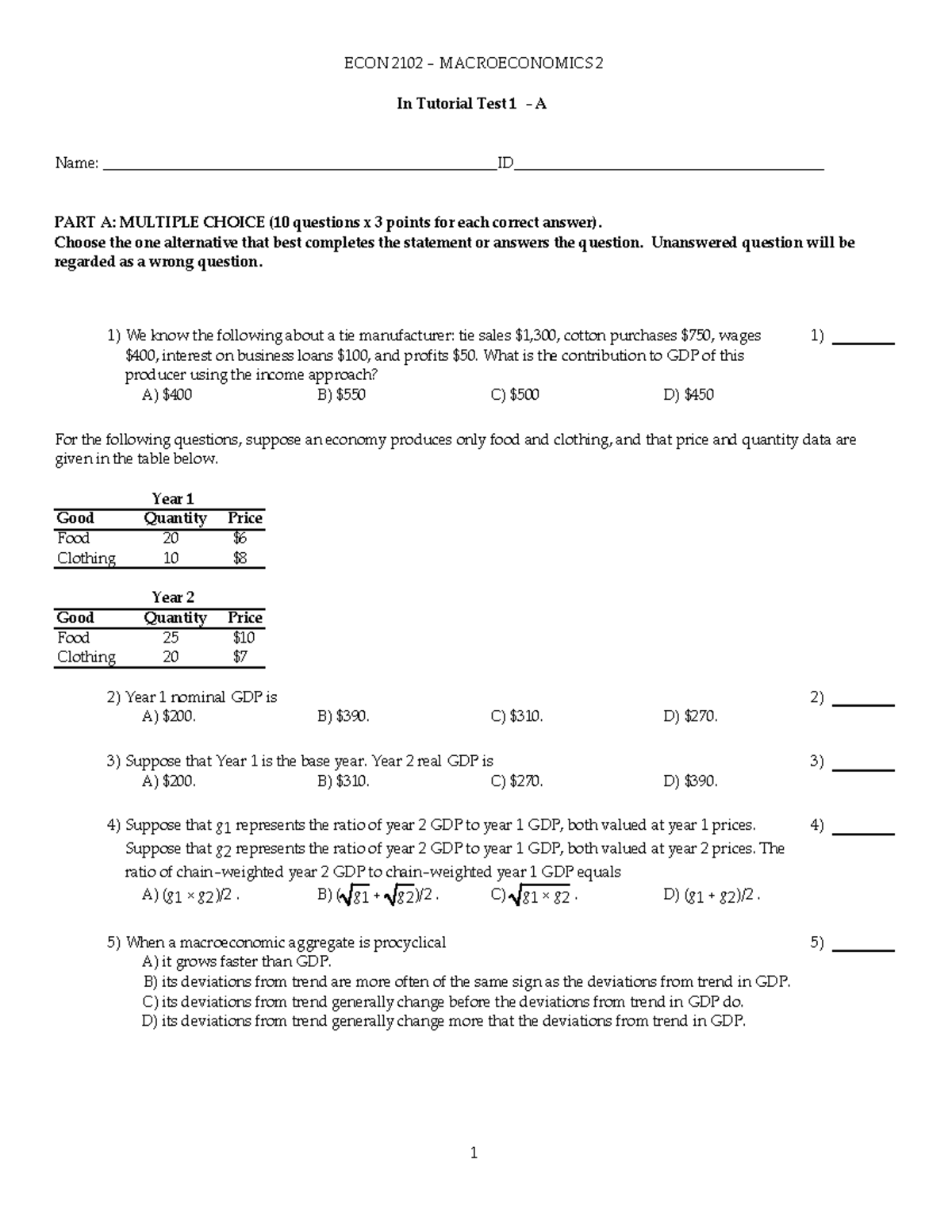 Exam 2011, questions and answers - In-tutorial test 1 - ECON 2102 ...