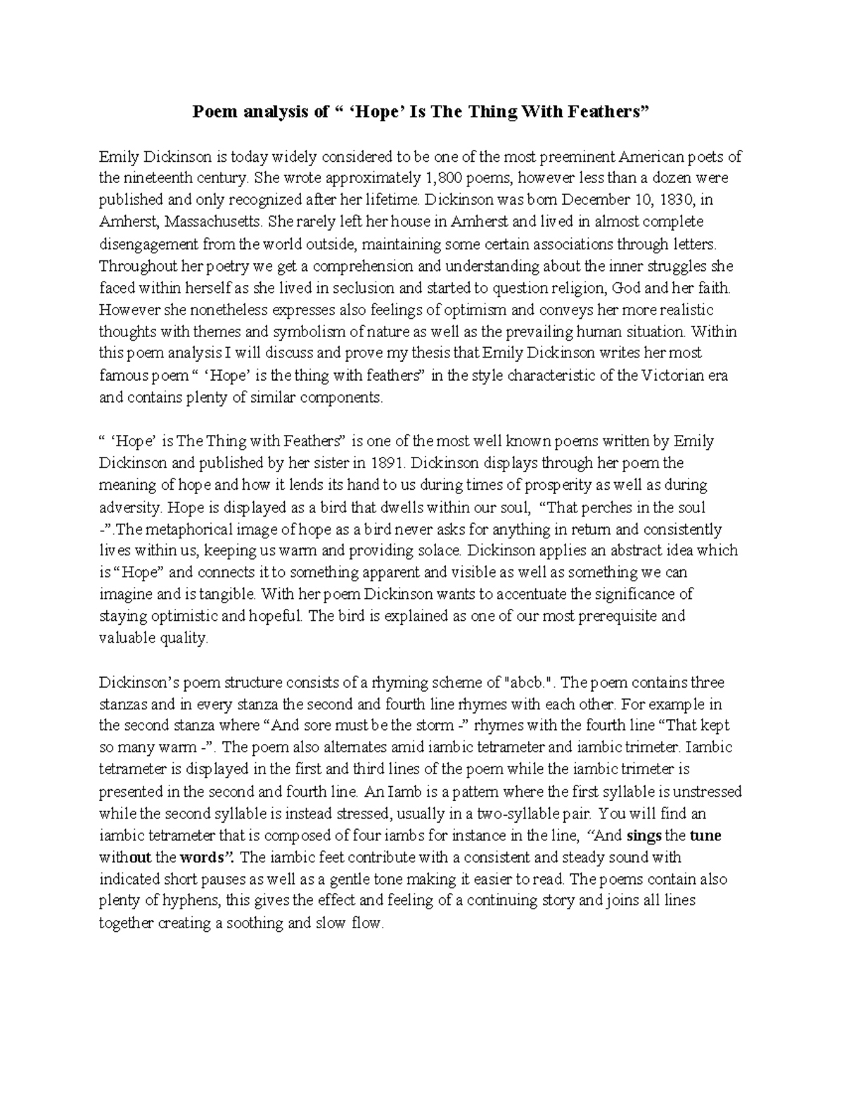 Poem analysis of “ ‘Hope’ Is The Thing With Feathers” by Emily ...