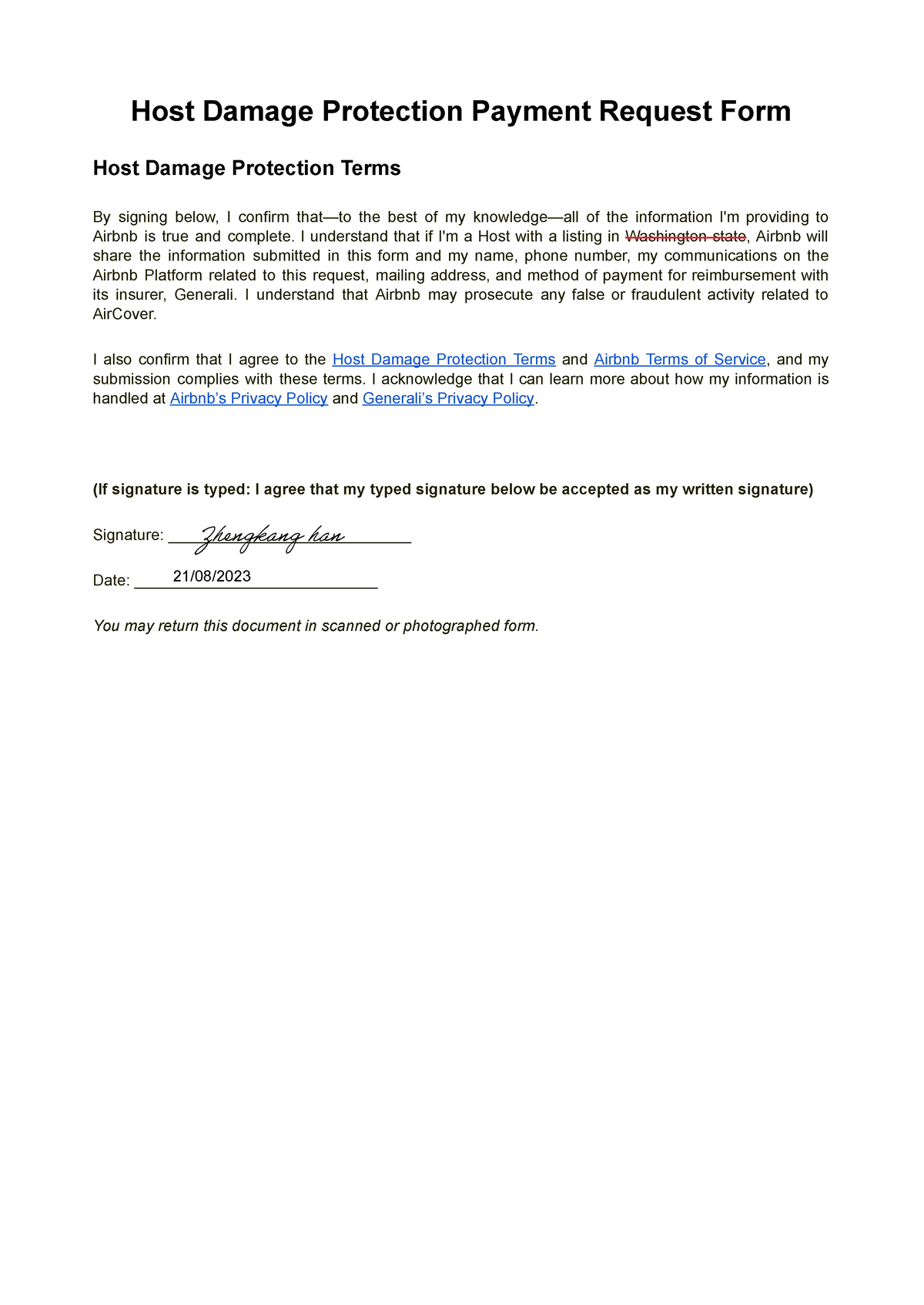 Host Damage Protection Payment Request Form - I understand that if I'm a Host with a listing in ...