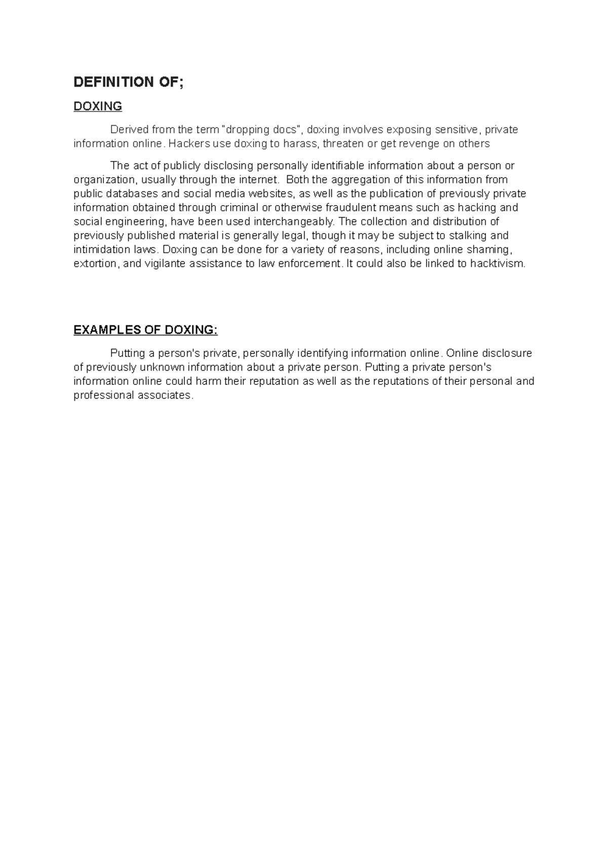 Definitions - definition of doxing,... - DEFINITION OF; DOXING Derived ...