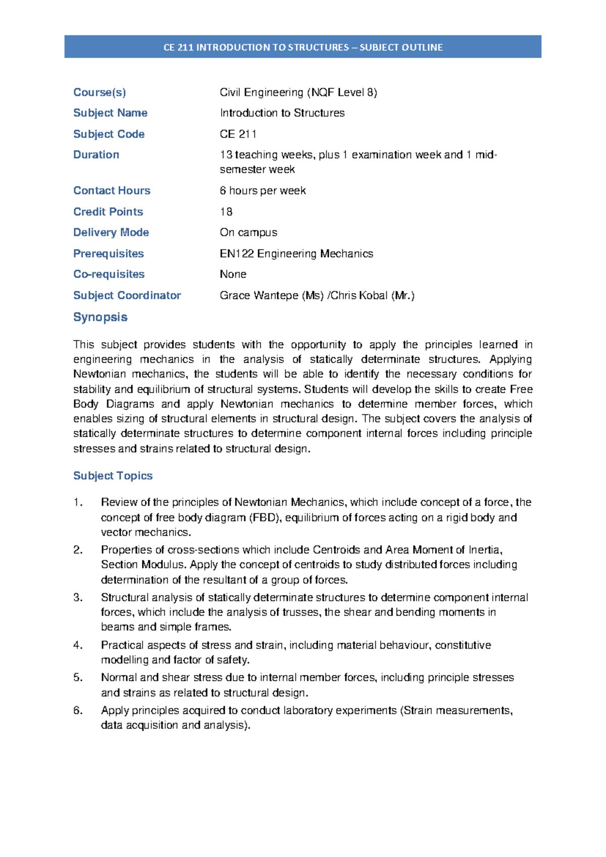 CE 211 Introduction to Structures - Subject Outline - Course(s) Civil ...