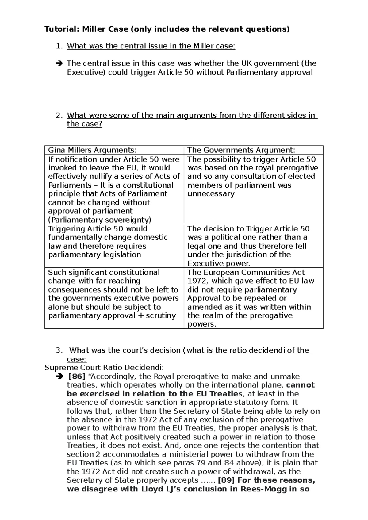 Public Law Tutorial 3 - Miller I Case - Tutorial: Miller Case (only ...