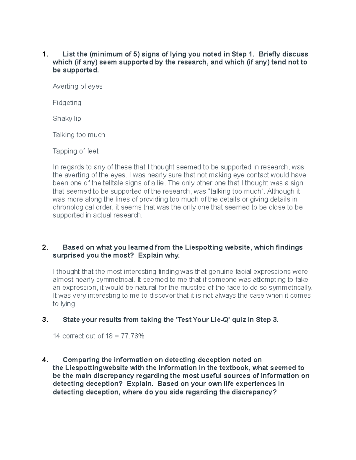 Collin College PSY 2319 Liespotting Assignment - List the (minimum of 5 ...