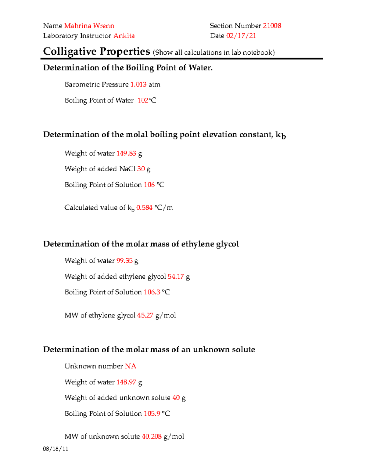 Colligative Properties Worksheet - Name Mahrina Wrenn Section Number ...