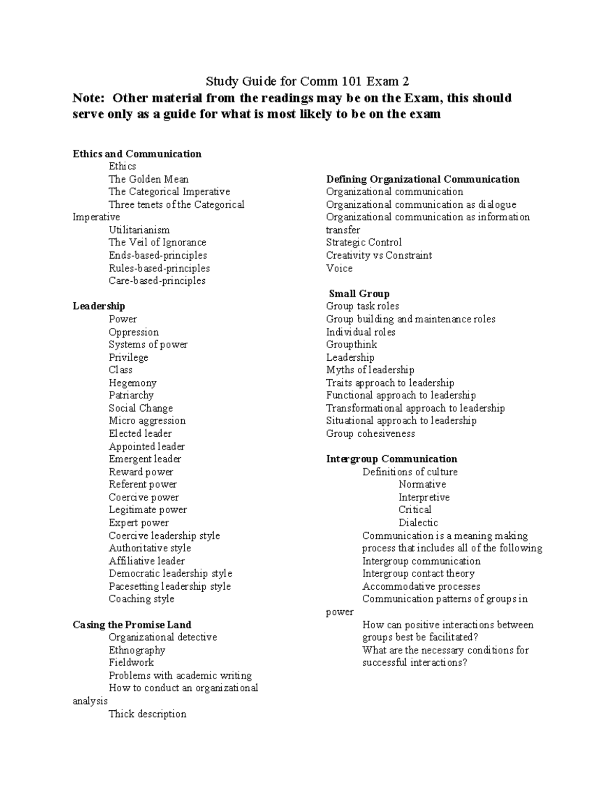 Study Guide Exam 2 - Study Guide for Comm 101 Exam 2 Note: Other ...