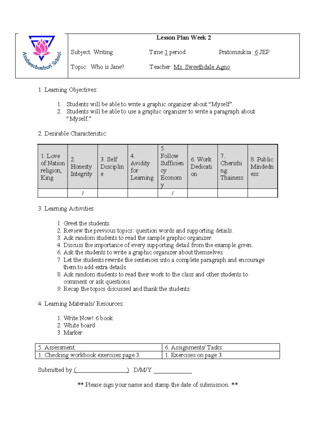 2022-Writing Lesson Plan Week 2 - Lesson Plan Week 2 Subject: Writing ...