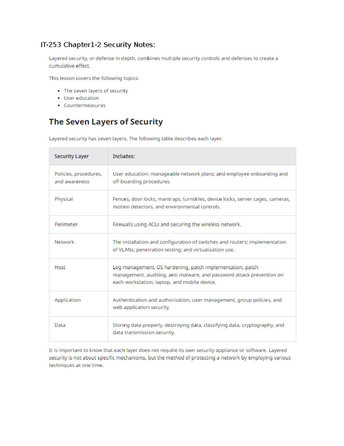 Chapter 1-2 notes - Security Notes: Layered security, or defense in ...