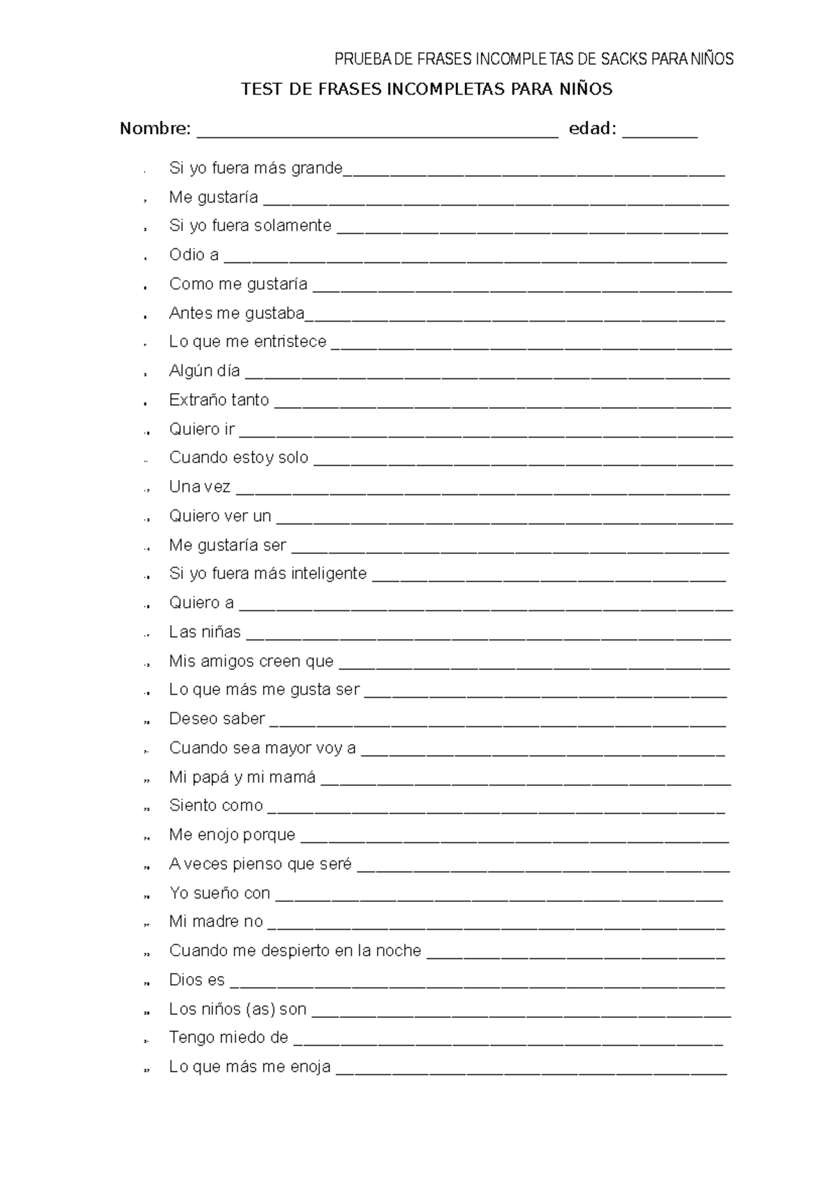 Frases-incompletas-sacks - TEST DE FRASES INCOMPLETAS PARA NIÑOS Nombre ...