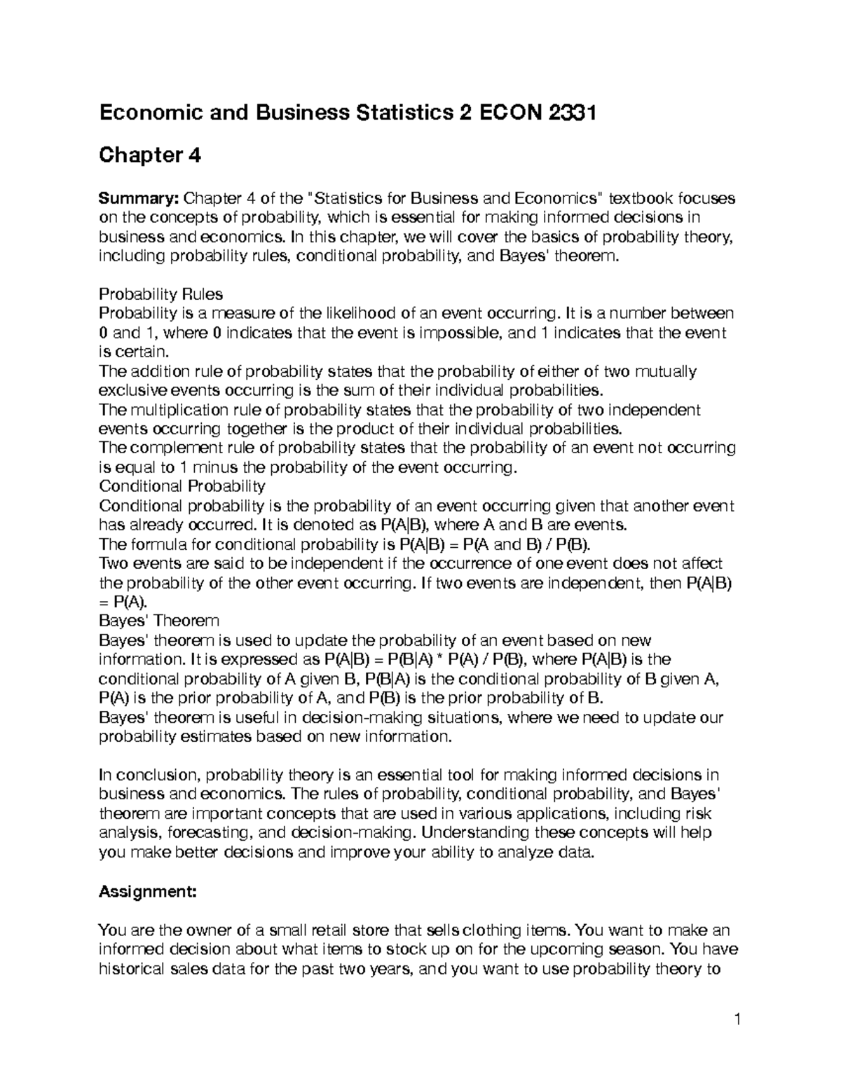 ECON 2331 - Chapter 4 - Economic and Business Statistics 2 ECON 2331 ...