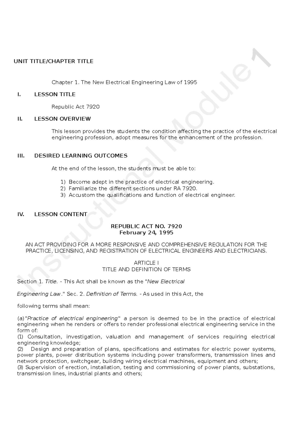 Electrical Engineering Law Learning Module 1 - UNIT TITLE/CHAPTER TITLE Chapter 1. The New - Studocu