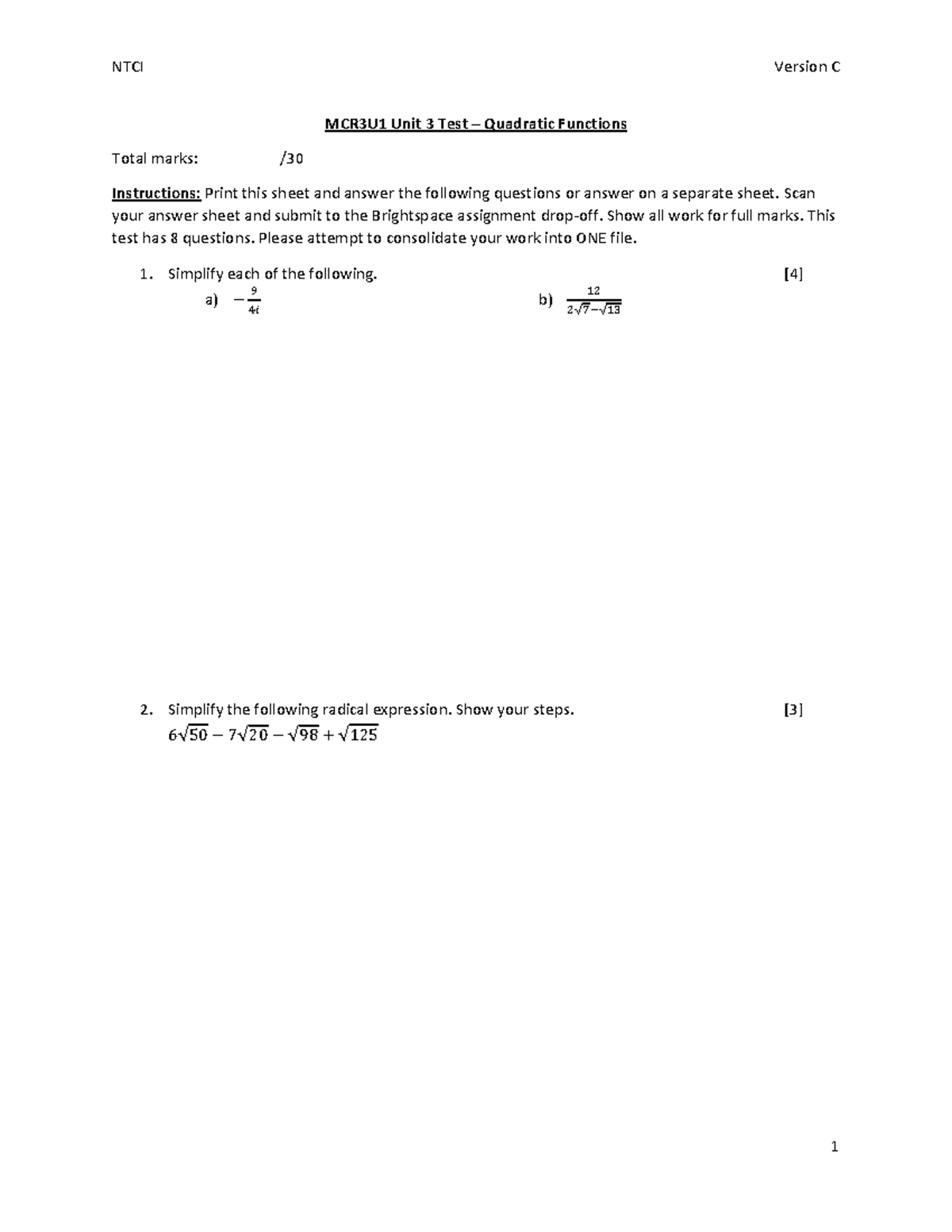 MCR3U1 Unit 3 Test Version C - MCR3U1 Unit 3 Test – Quadratic Functions ...