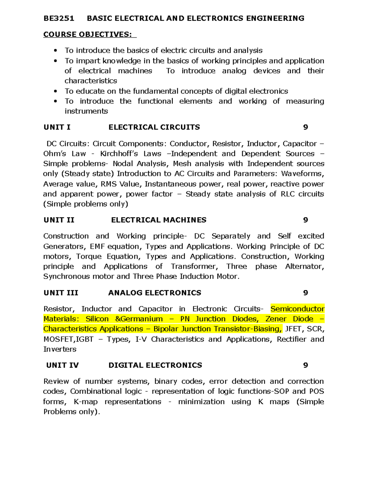 BEEE syllabus - BE3251 BASIC ELECTRICAL AND ELECTRONICS ENGINEERING ...