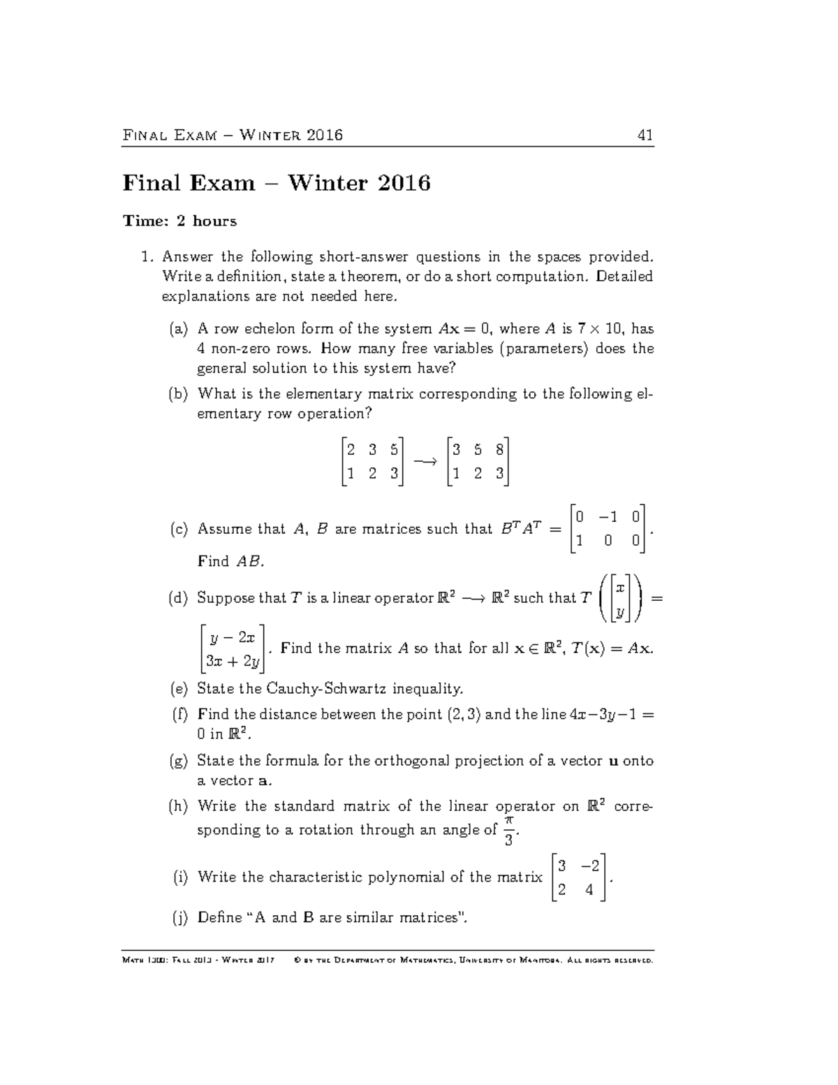 Old Finals - paper - Final Exam – Winter 2016 41 Final Exam – Winter ...