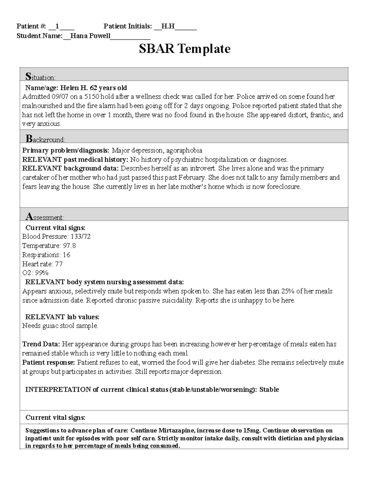SBAR Patient 1 - Sbar for clinical - Patient #: 1__ Patient Initials: H ...
