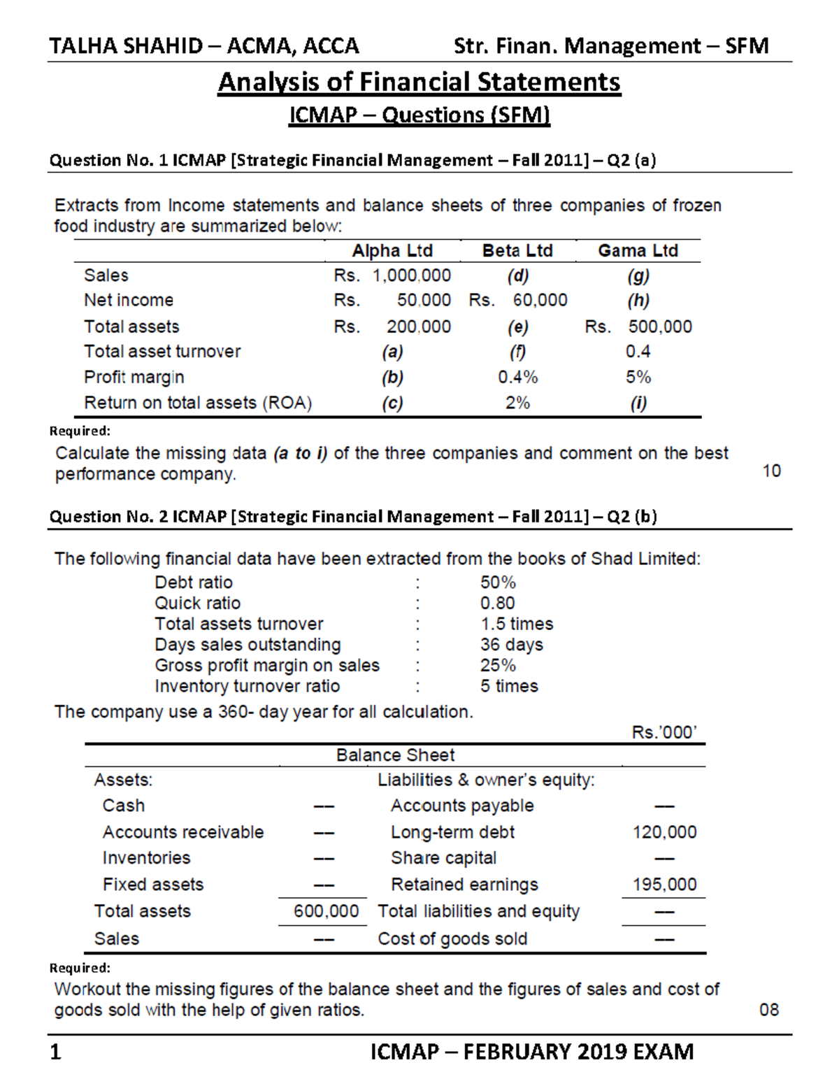 Ratios - Question - Ratio analysis - Analysis of Financial Statements ...