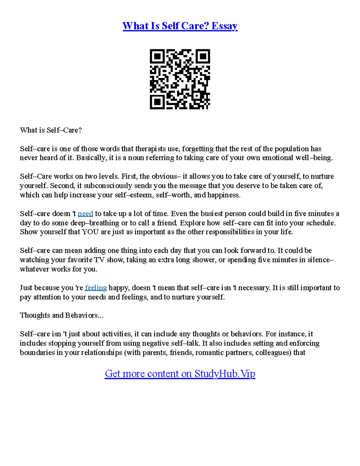 Self Essays Self Essays - What Is Self Care? Essay What is Self–Care ...