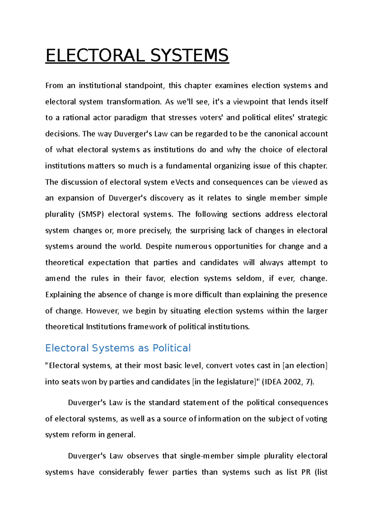 Electoral Systems - ELECTORAL SYSTEMS From an institutional standpoint ...