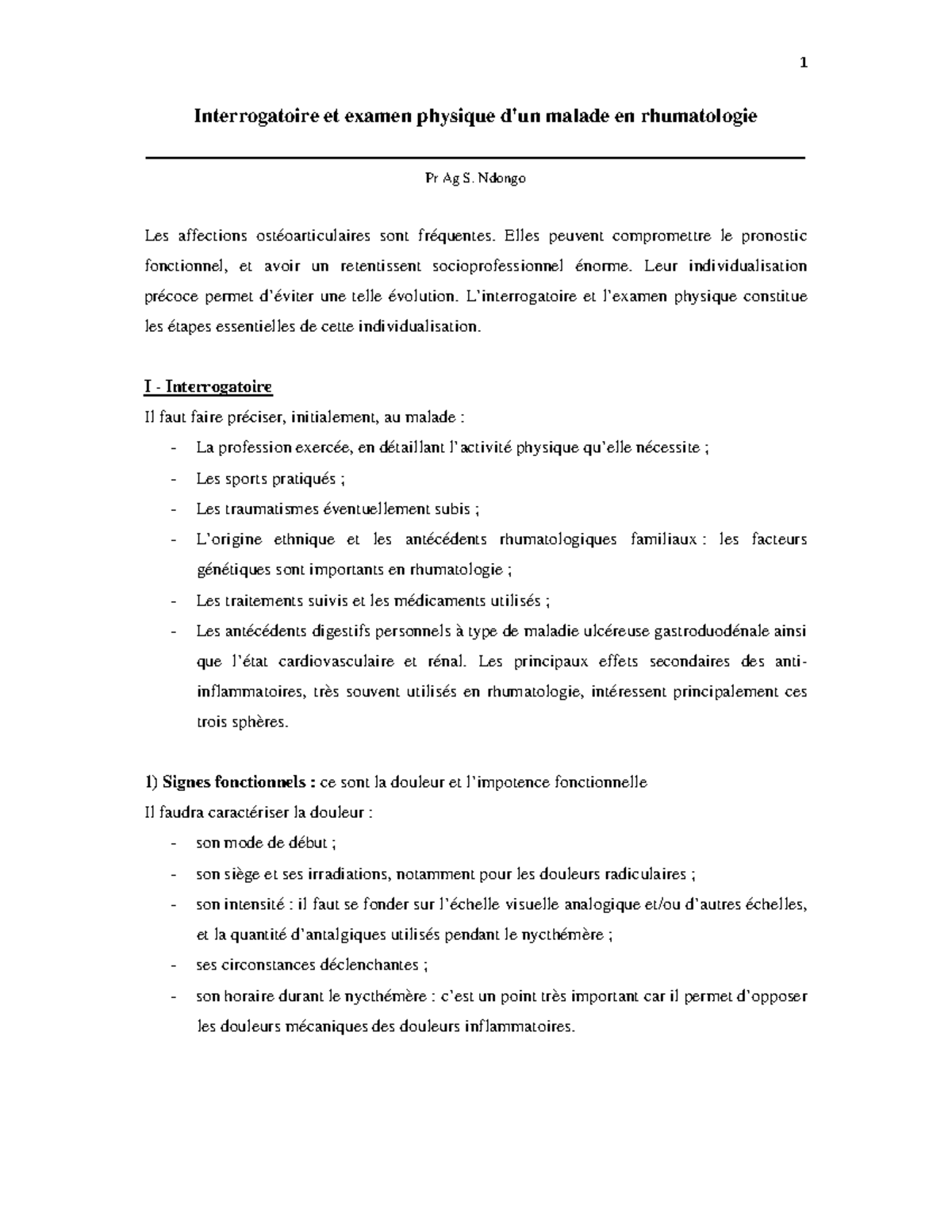 Interrogatoire et examen physique d un malade en rhumatologie - 1 ...