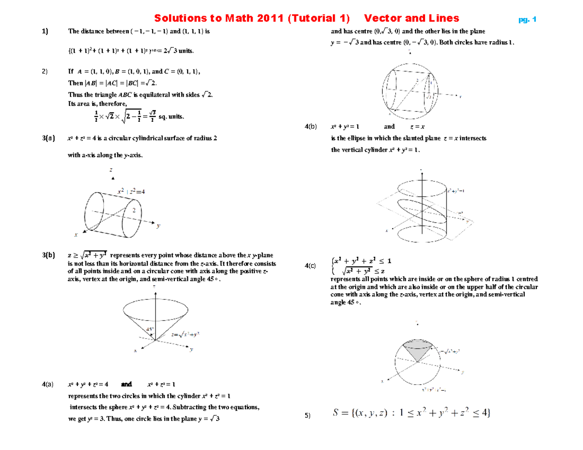 Solutions to Math 2011 (Tutorial 01) - 1) The distance between (− 1 ,− ...