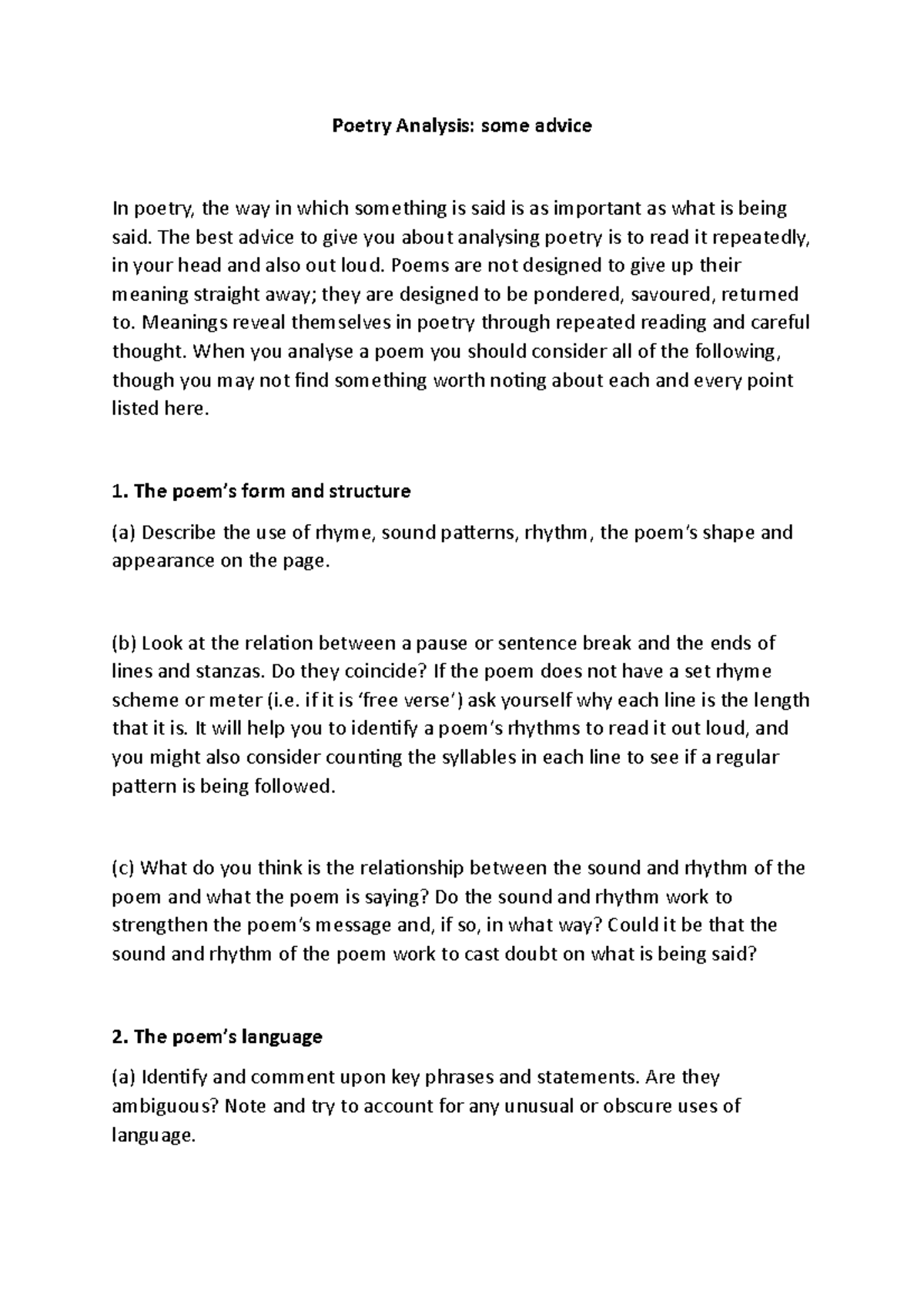 Poetry Analysis Advice - Poetry Analysis: some advice In poetry, the ...