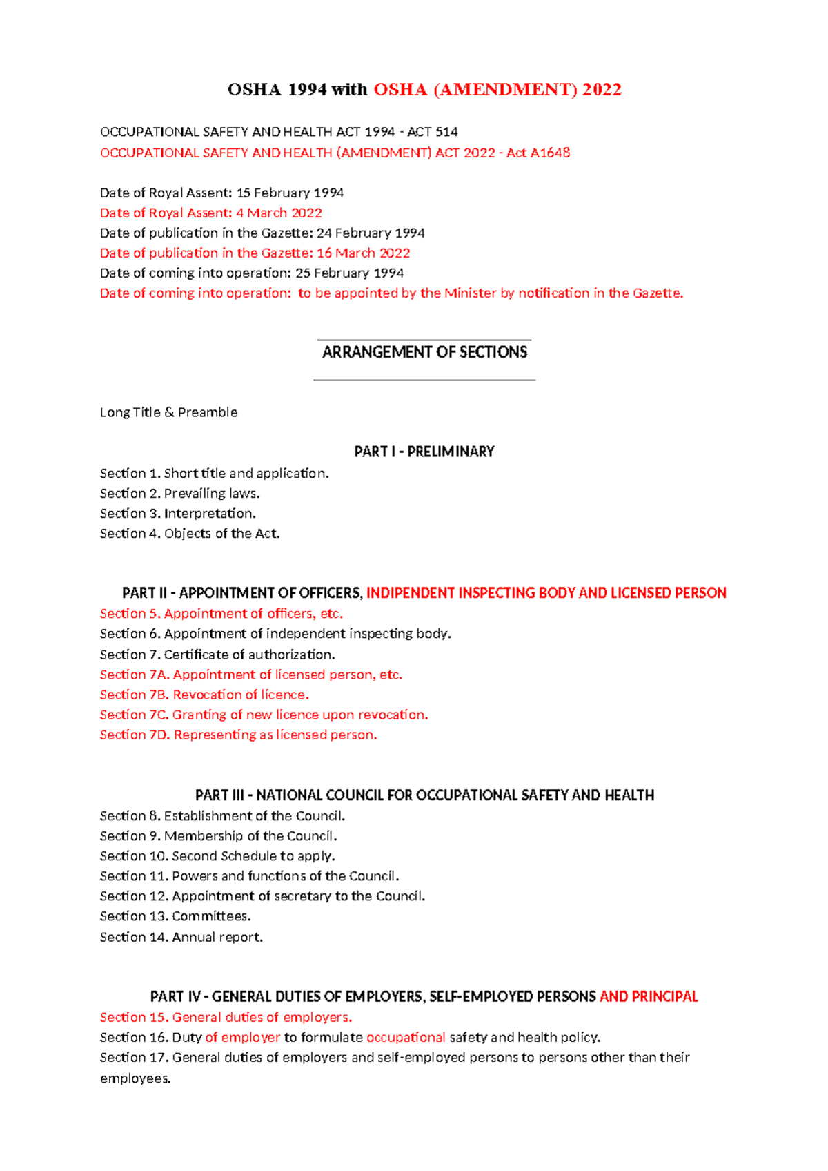 OSHA 1994 vs OSHA 2022 (Amendment) 240404 110110 - OSHA 1994 with OSHA ...