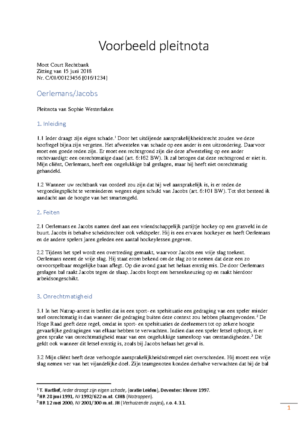 Voorbeelddossier pleitnota - 1 Voorbeeld pleitnota Moot Court Rechtbank ...