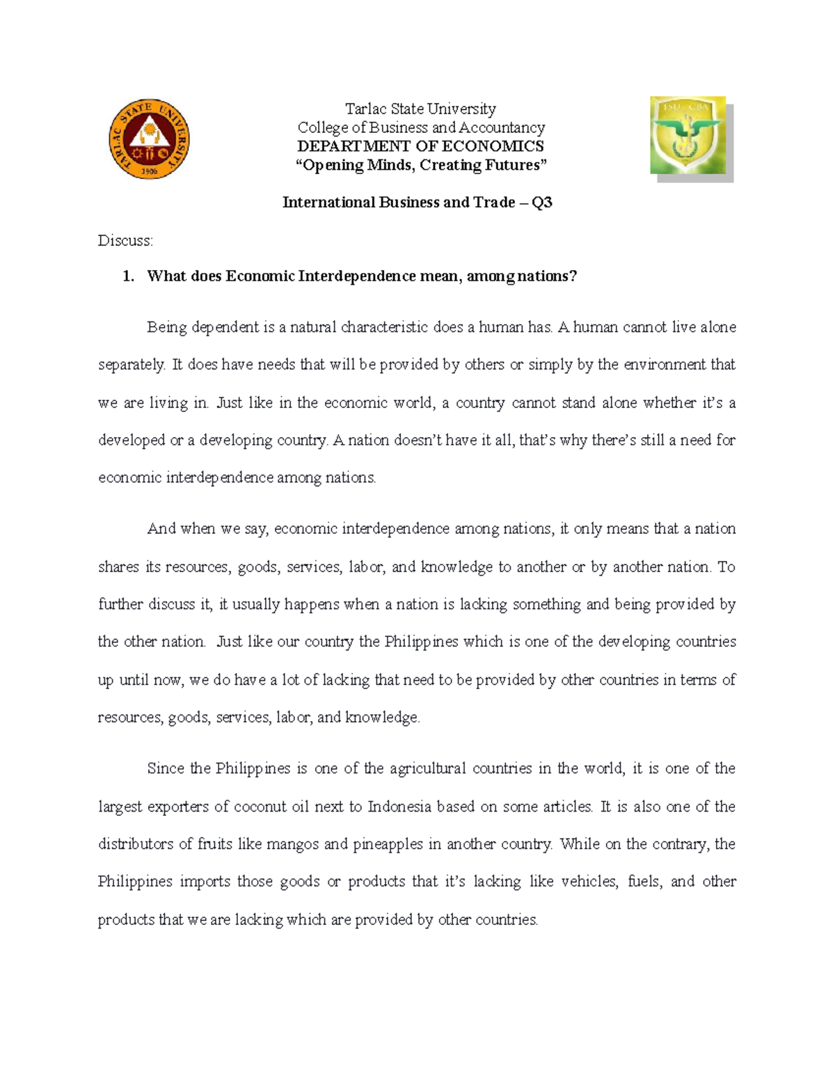 International Business & Trade - Quiz 3 - Tarlac State University ...