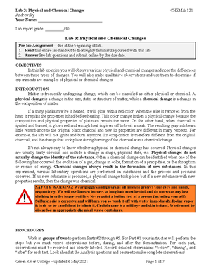 Lab #3 - Physical and Chemical Changes - Pre-lab - Lab 3: Physical and ...