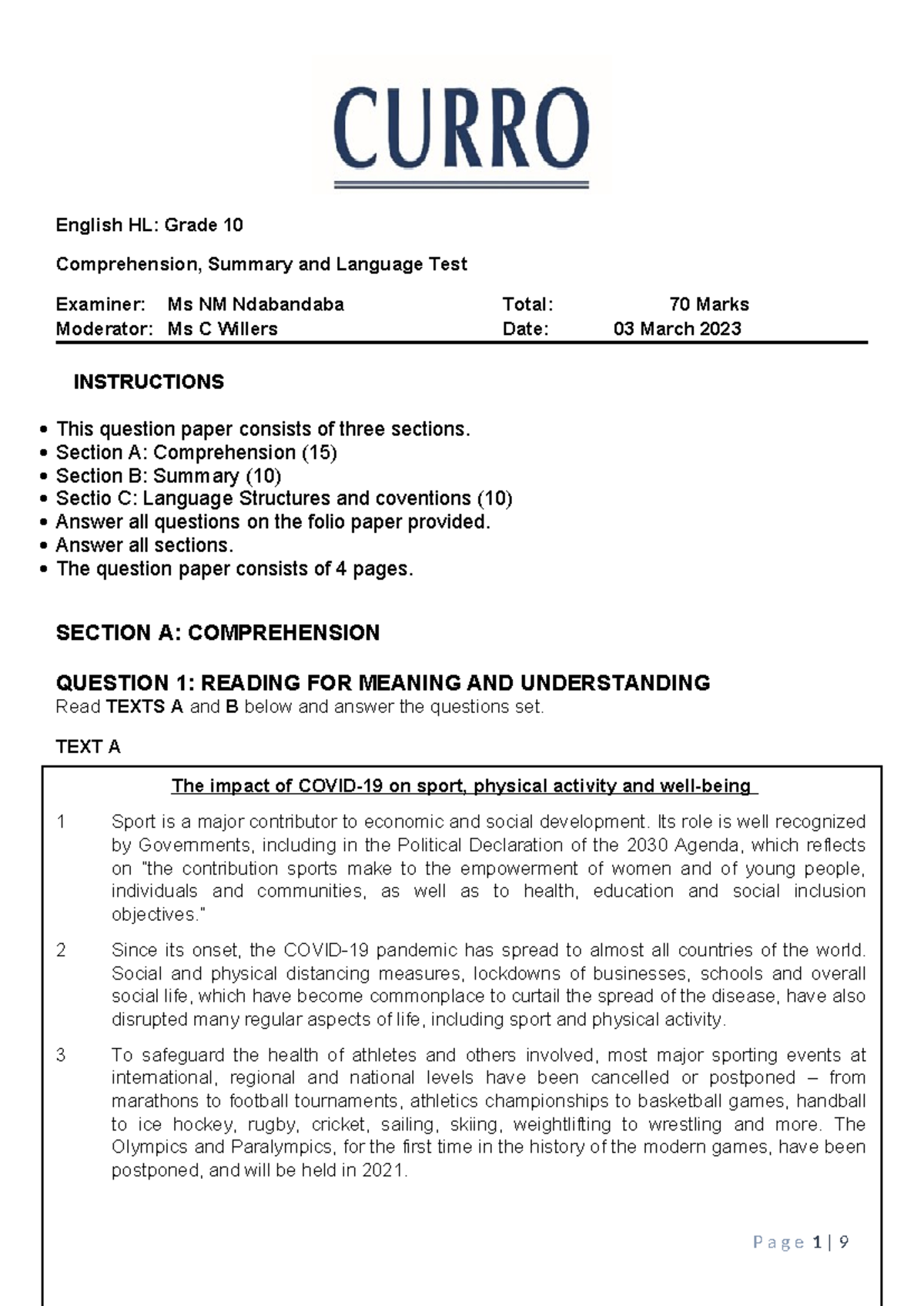 ENG HL Grade 10 2022 - Assignment - English HL: Grade 10 Comprehension ...