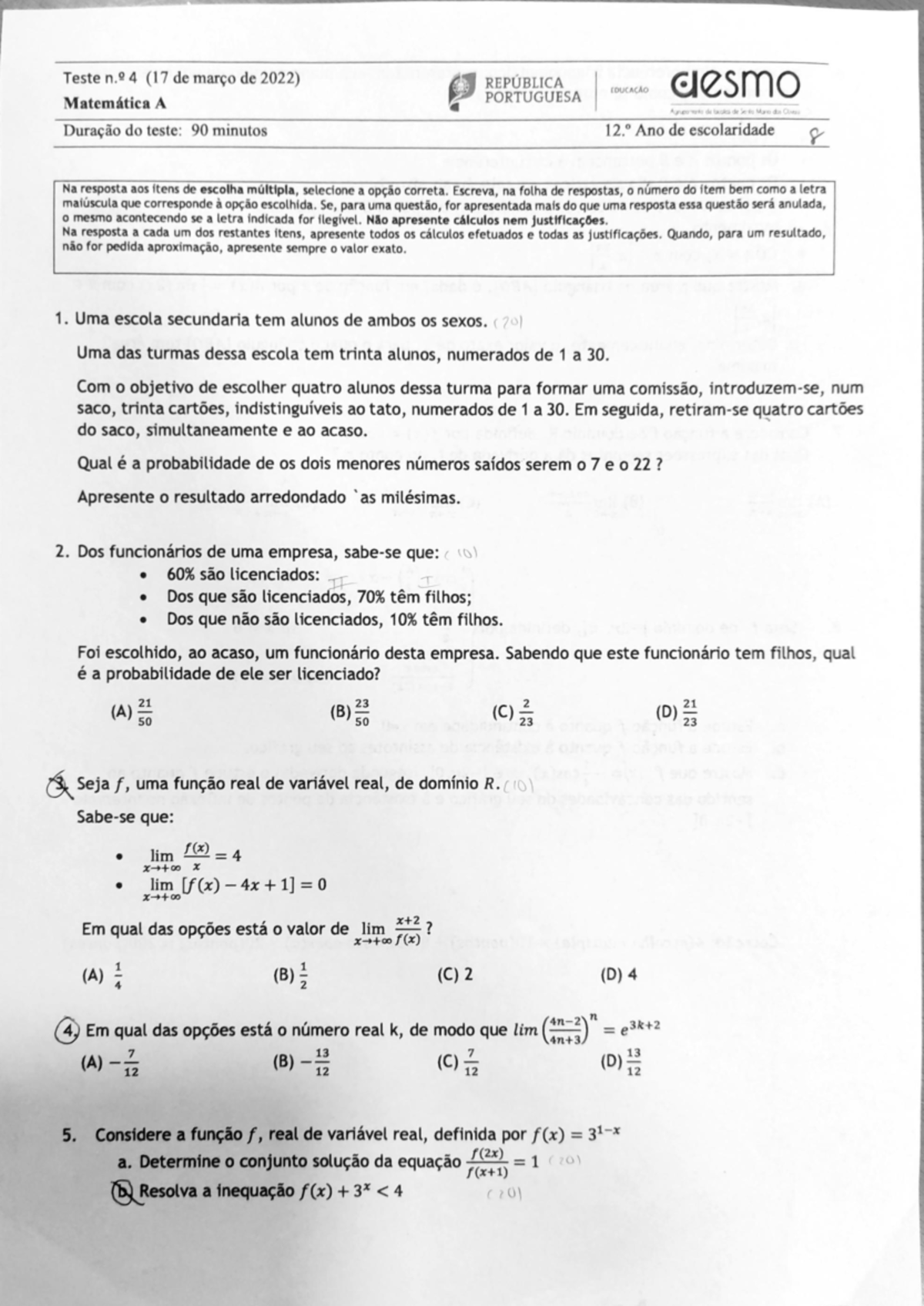 Teste 4 Damasio 12C - Teste n 4 (17 de março de 2022) Matemática A ...