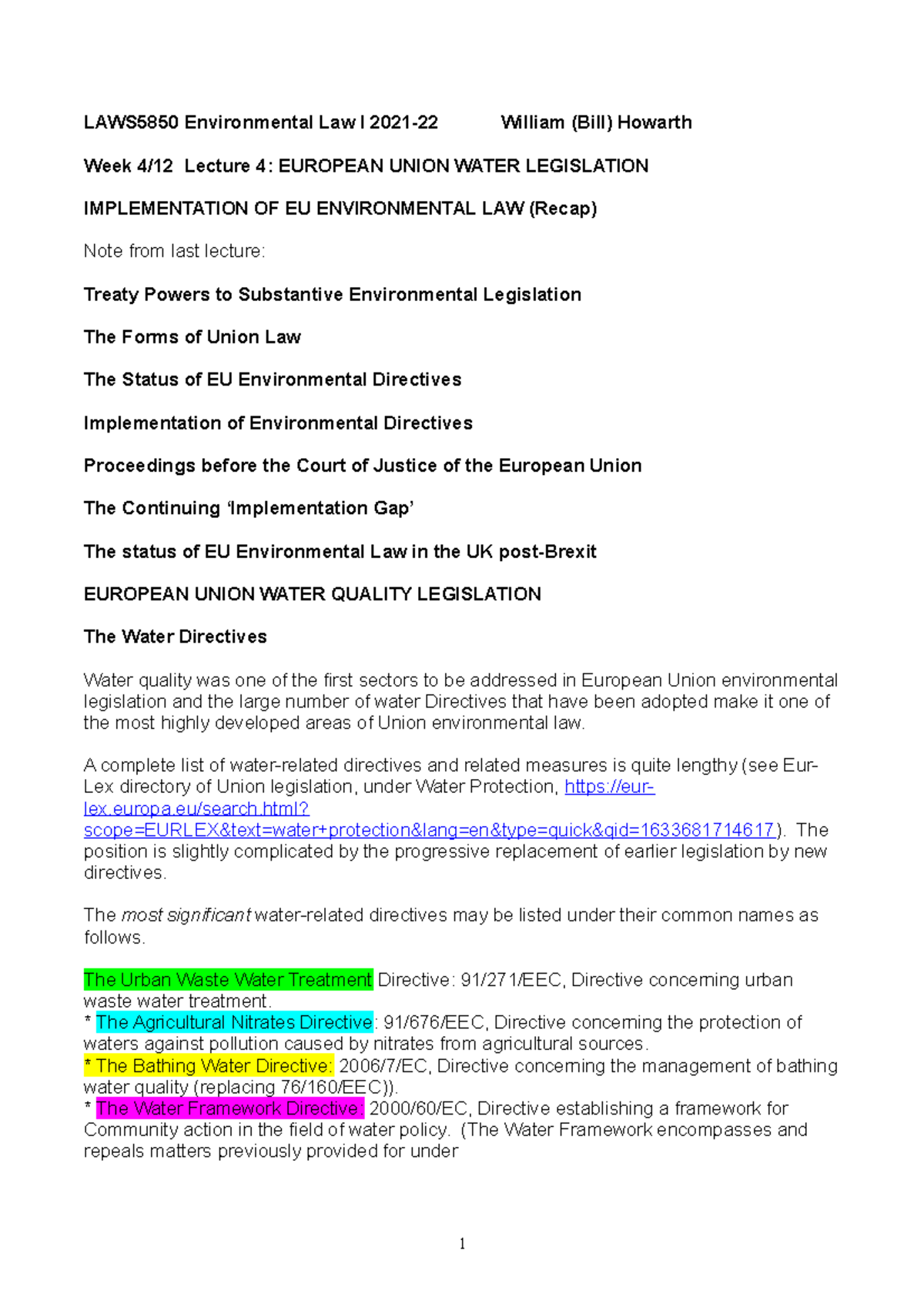 LAWS5850 2021-22 Lect.4 EU Water Legislation Notes - LAWS5850 ...