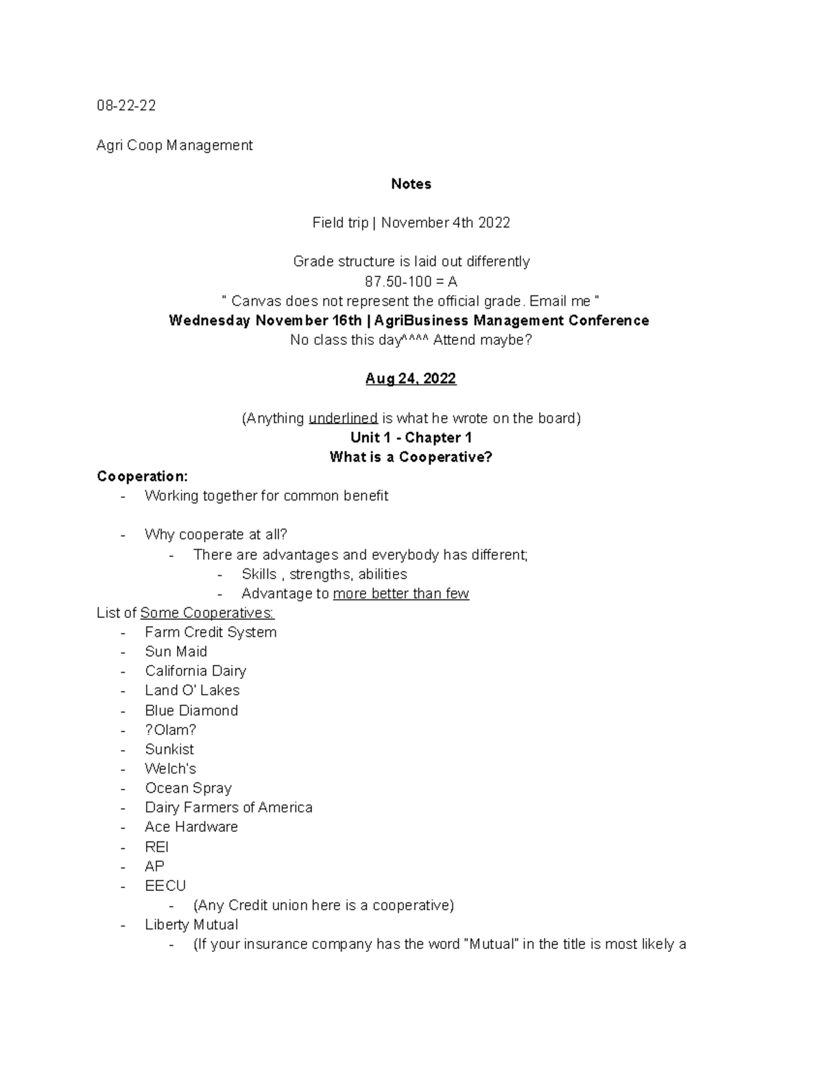 AGBS 122 cooperatives - 08-22- Agri Coop Management Notes Field trip ...