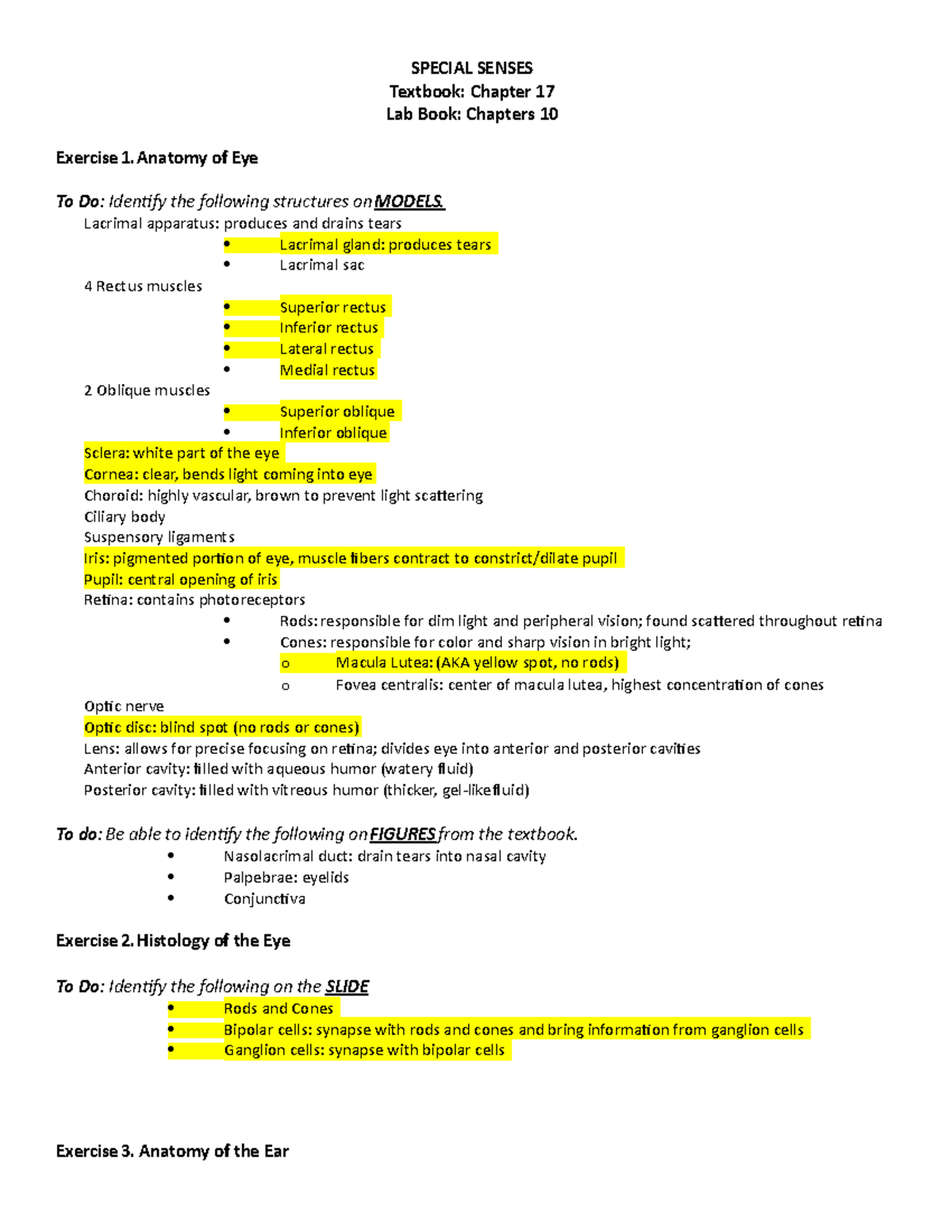 Special Senses Lab Handout - SPECIAL SENSES Textbook: Chapter 17 Lab Book: Chapters 10 Exercise ...