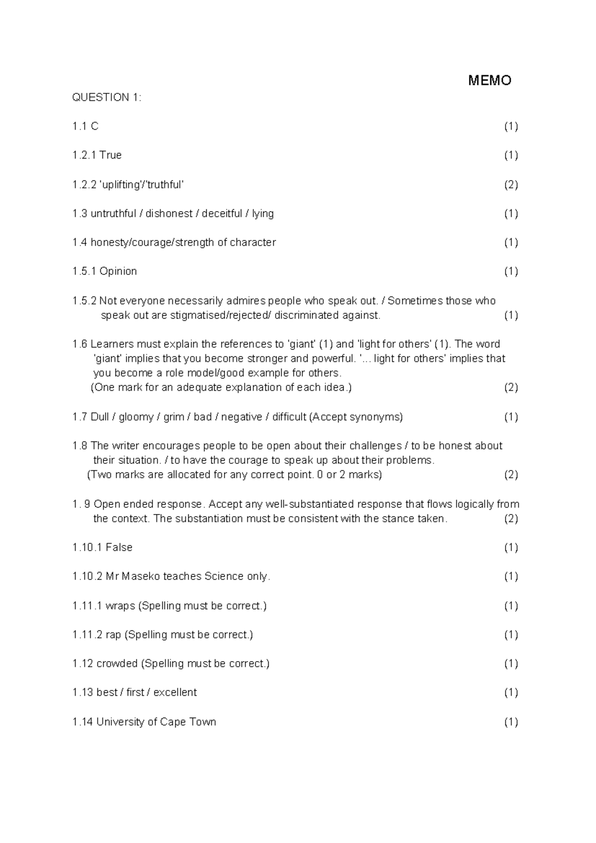 GR10 P1 MEMO NOV 2012 - past paper - MEMO QUESTION 1: 1 C (1) 1.2 True ...