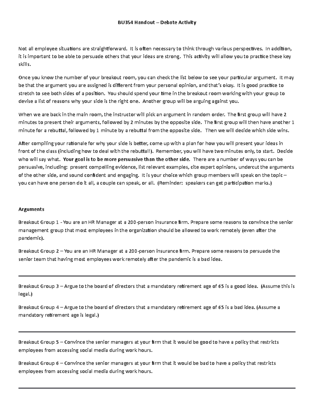 Handout- Debate Activity - BU354 Handout – Debate Activity Not all ...