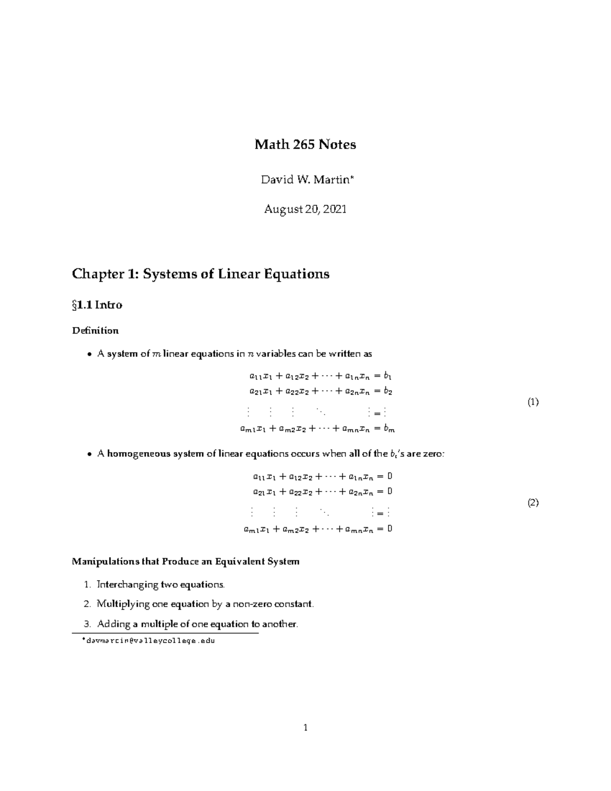 M265 Notes - Math 265 Notes David W. Martin∗ August 20, 2021 Chapter 1 ...