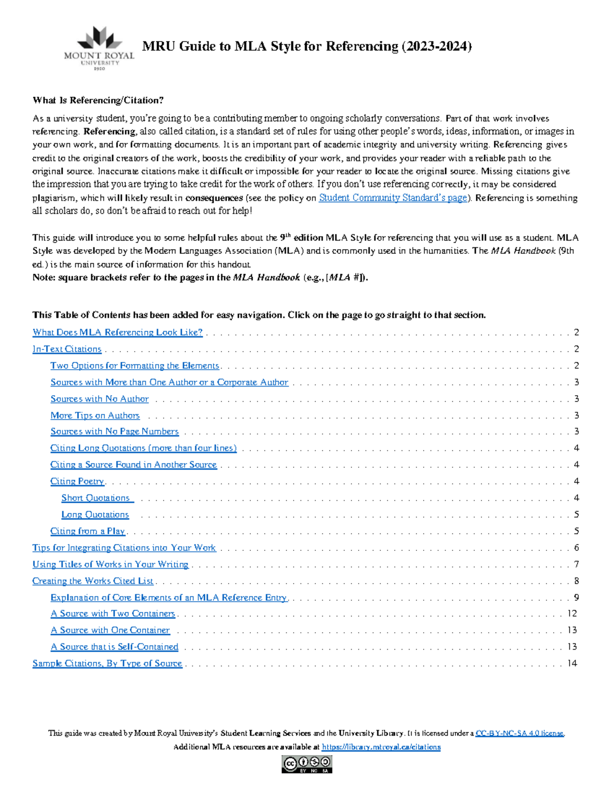 MRU Guide to MLA Referencing 2023-2024 - This guide was created by ...