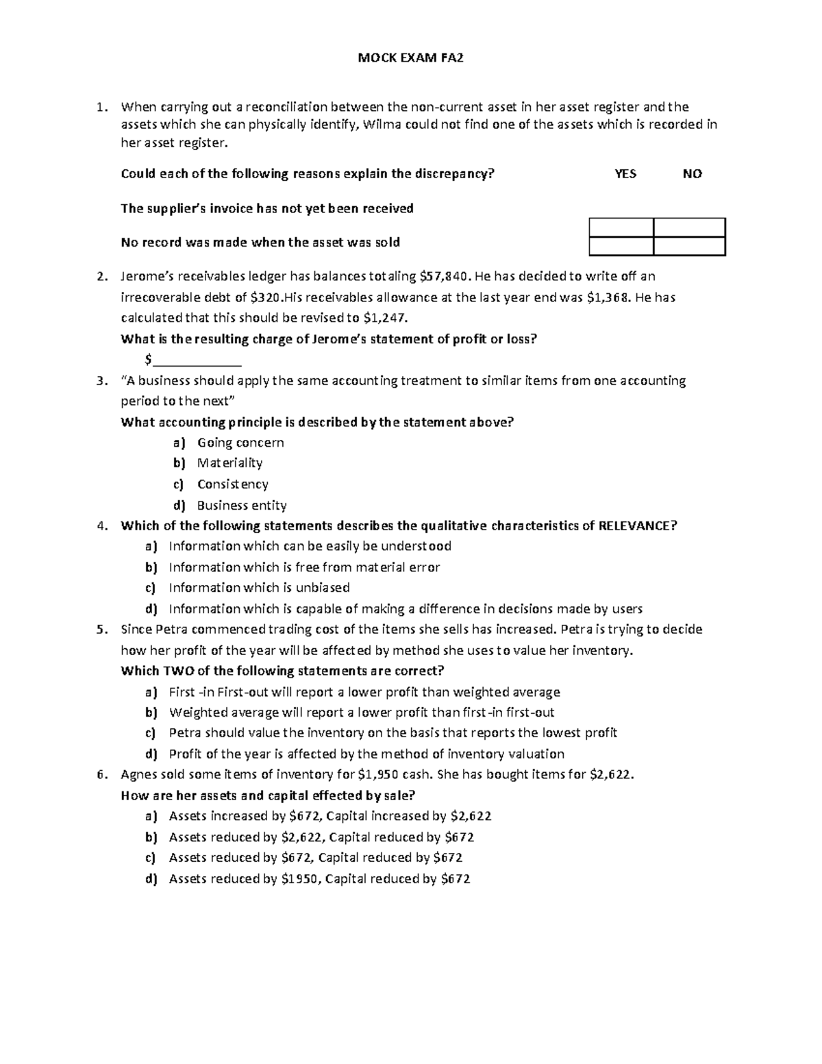 FA2 Mock Exam 1 - Fa2 mock - When carrying out a reconciliation between the non-current asset in ...