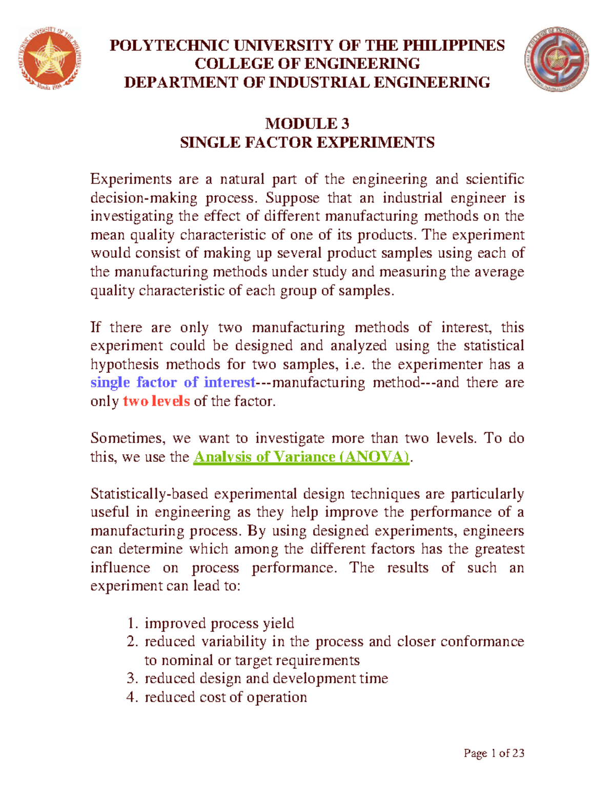 Module-3 - statistics and probability - MODULE 3 SINGLE FACTOR ...