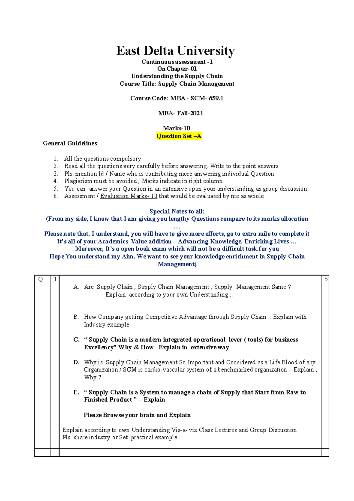 Contineous Assessment - 01-MBA- SCM -( Question Set- A) - East Delta ...