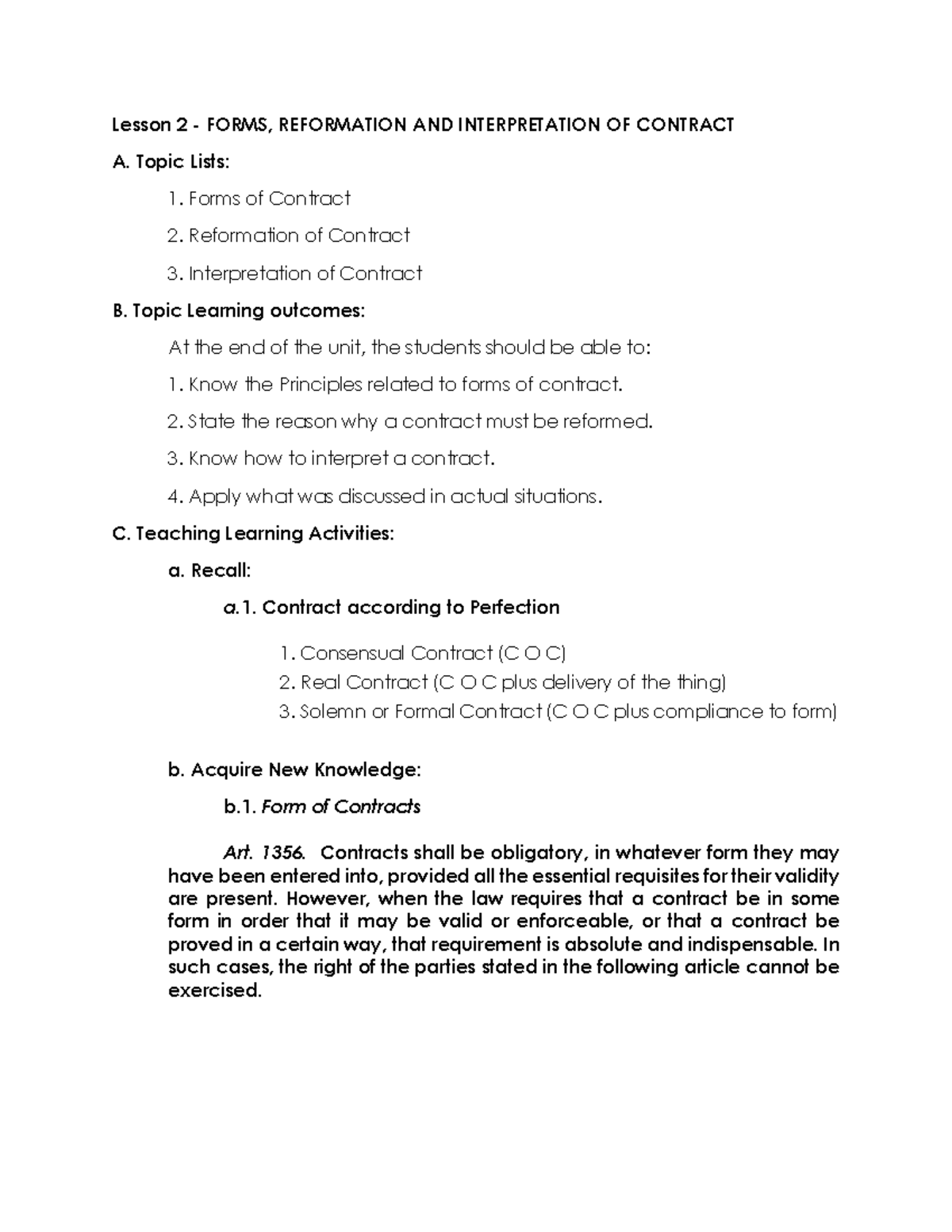 Forms, Reformations, and Interpretation of contract - Lesson 2 - FORMS, REFORMATION AND - Studocu