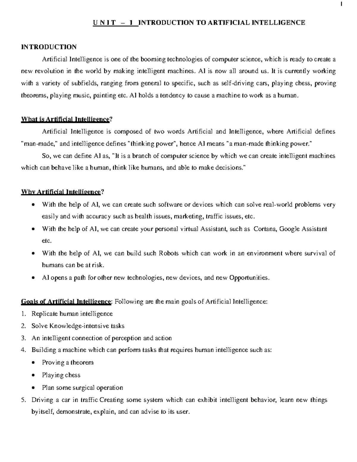AI UNIT-1 - AI notes for BCA - U N I T – 1 INTRODUCTION TO ARTIFICIAL ...