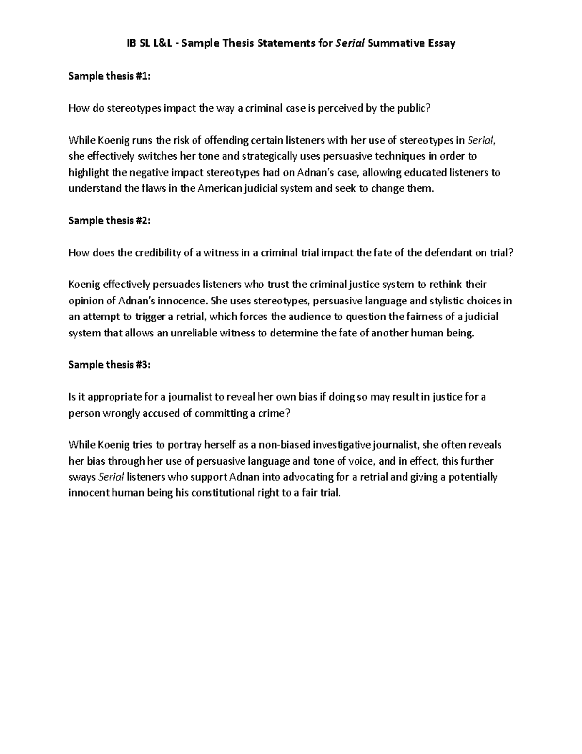 Serial summative essay sample thesis statements - IB SL L&L - Sample ...