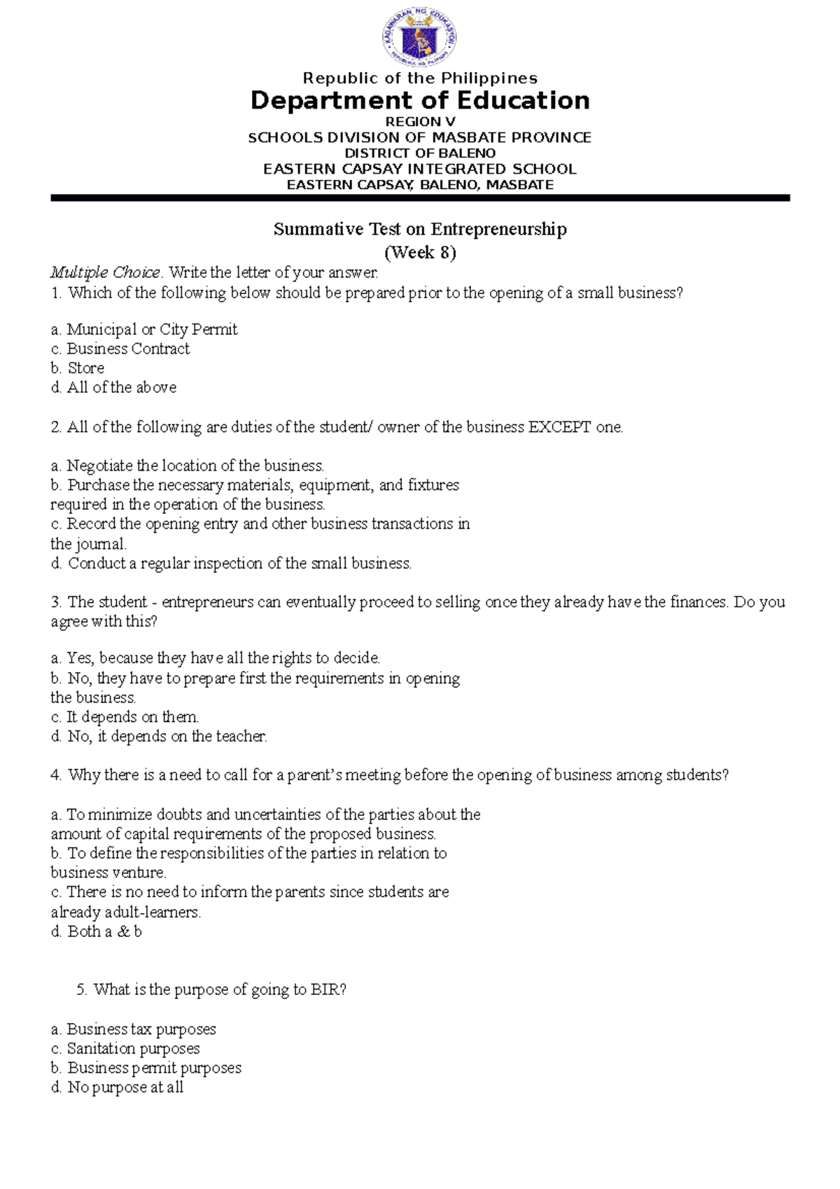 Summative Test For Entrepreneurship Republic Of The Philippines